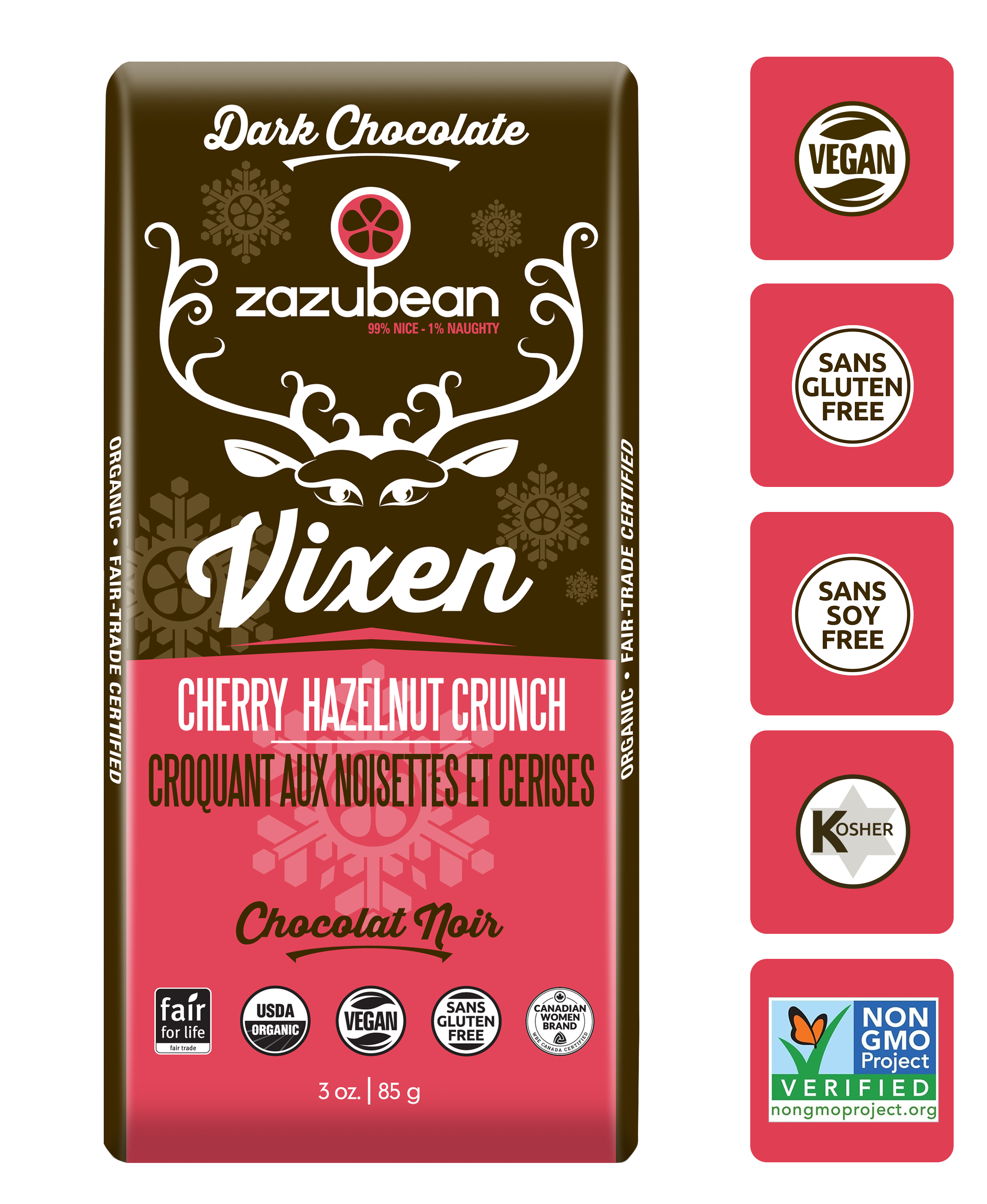VIXEN Cherry Hazelnut Crunch (85g) – Zazubean Organic Chocolates