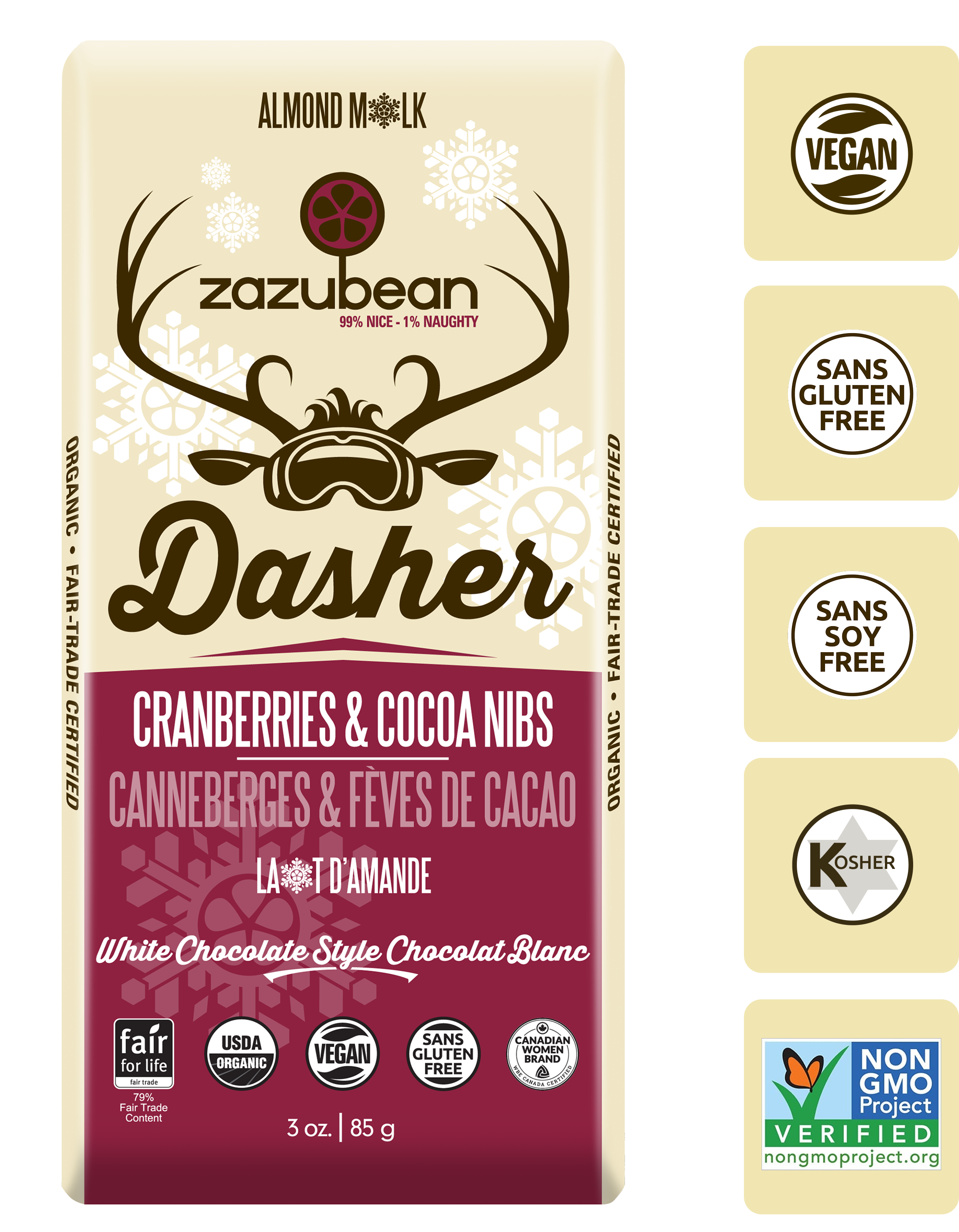 DASHER Cranberries & Cocoa Nibs (85g) – Zazubean Organic Chocolates