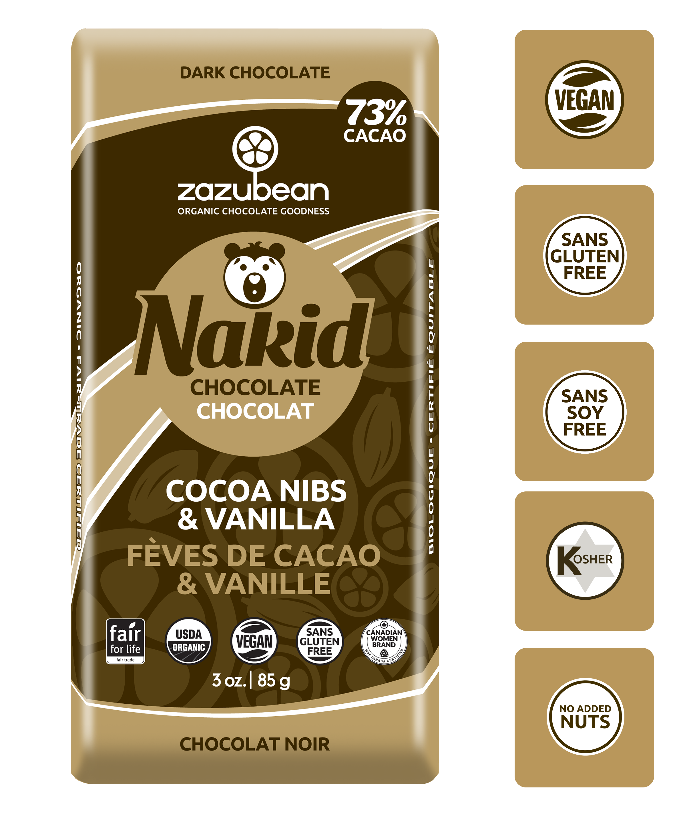 NAKID Cocoa Nibs & Vanilla (85g) – Zazubean Organic Chocolates