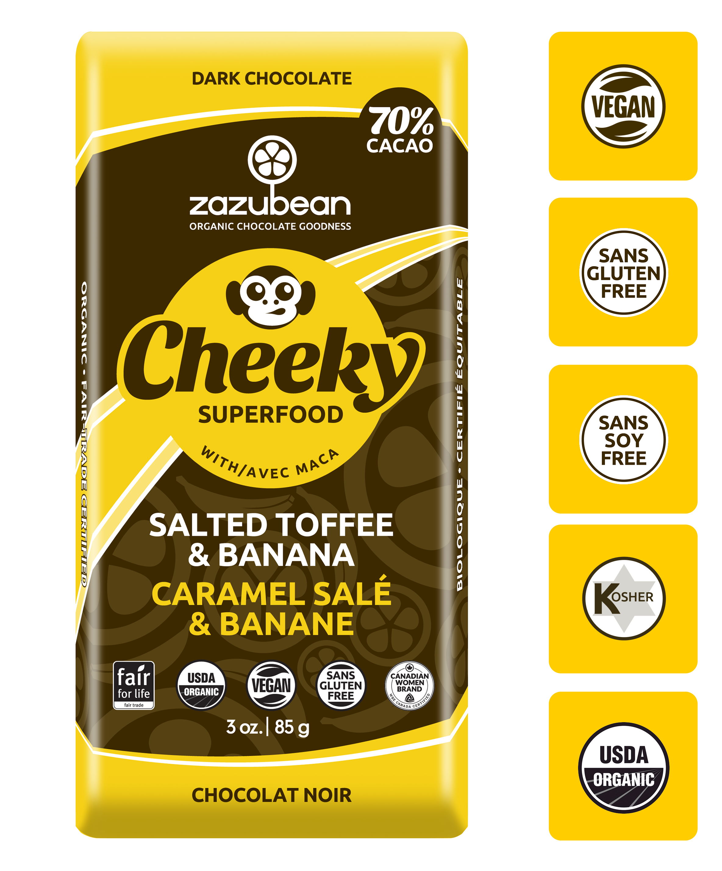 CHEEKY Salted Toffee & Banana (85g) – Zazubean Organic Chocolates