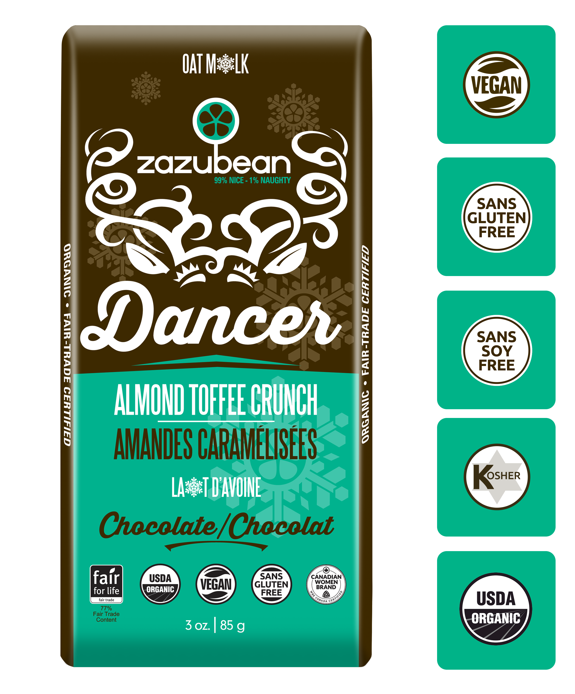 DANCER Almond Toffee Crunch (85g) – Zazubean Organic Chocolates